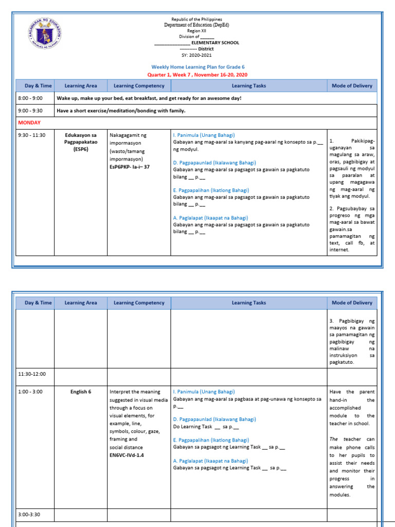 WHLP Grade 6 Q1 W7 All Subjects | PDF
