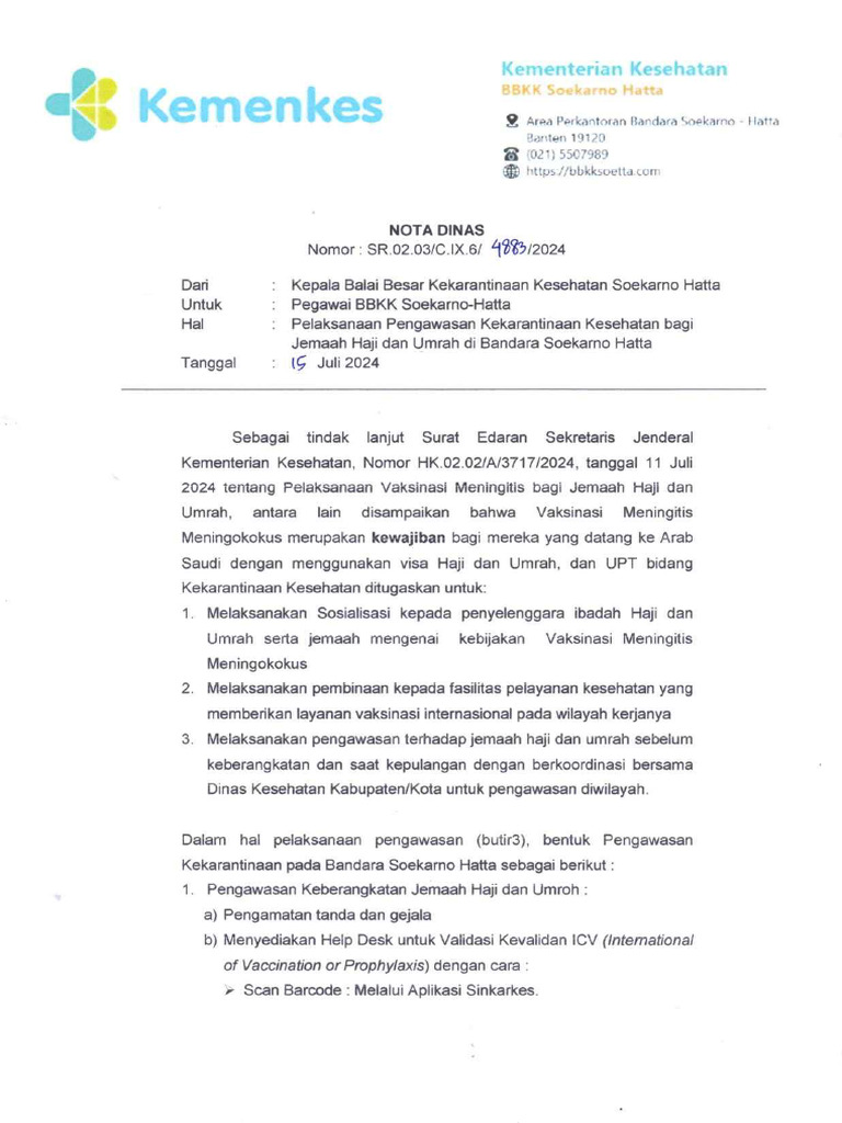 Nota Dinas - Pelaksanaan Pengawasan Kekarantinaan Kesehatan Bagi JH ...