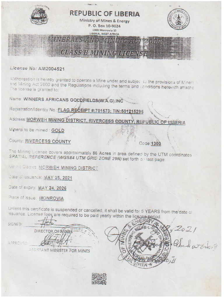 Winners African Gold Field Class B License Documents | PDF