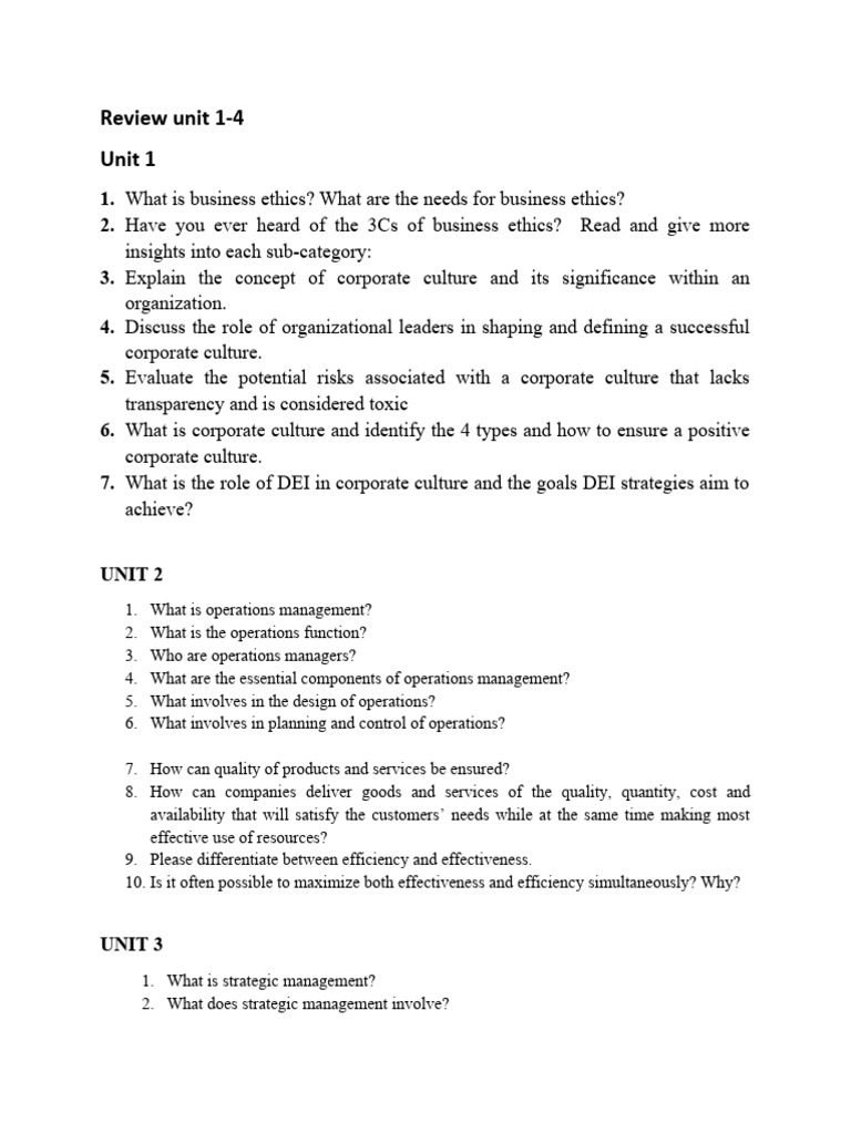 Review Unit 1 4 Pdf Strategic Management Organizational Culture