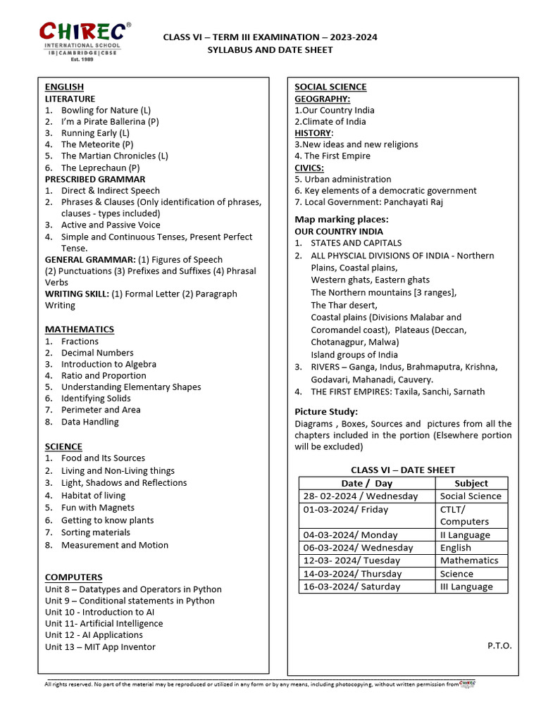 Class-6 Date Sheet For The Final Exam | PDF