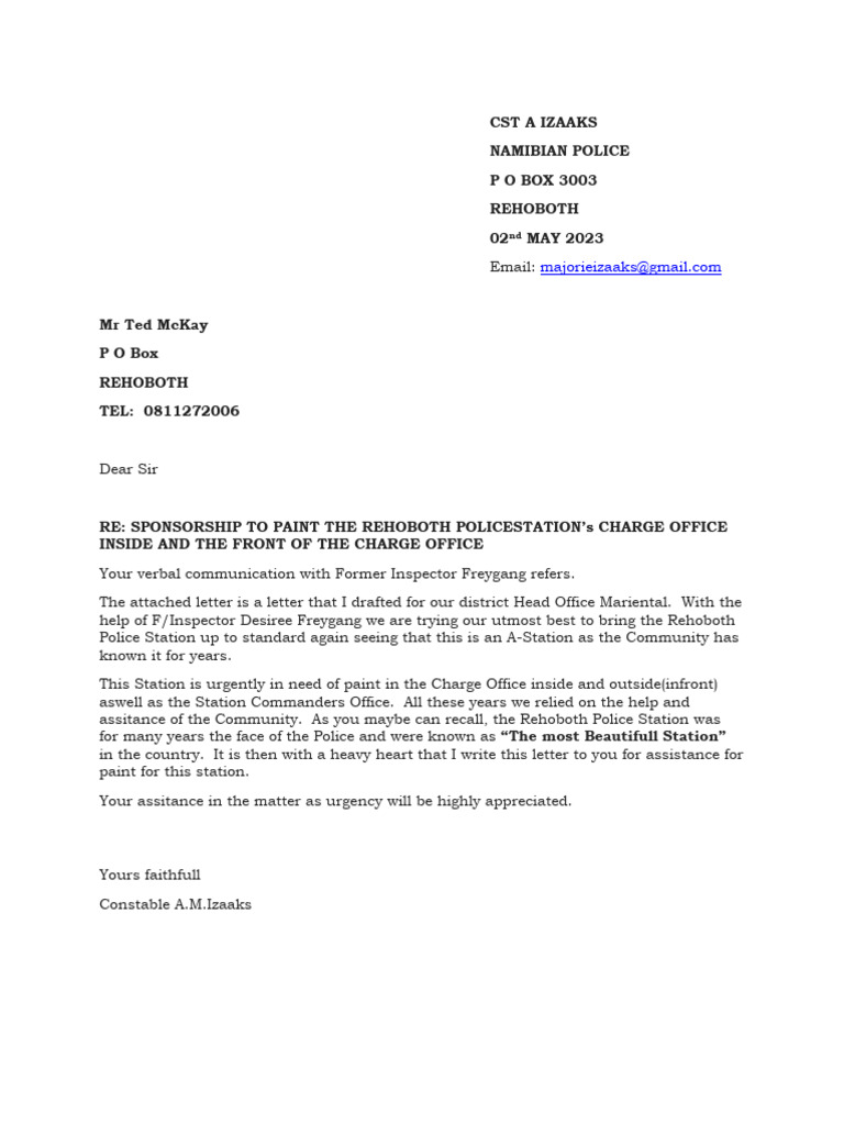 Request for Rehoboth Police Station Sponsorship | PDF