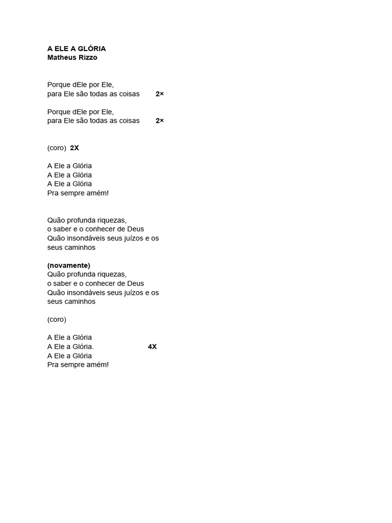 A Ele A Glória - Matheus Rizzo - Letra | PDF | Estudos de Línguas ...