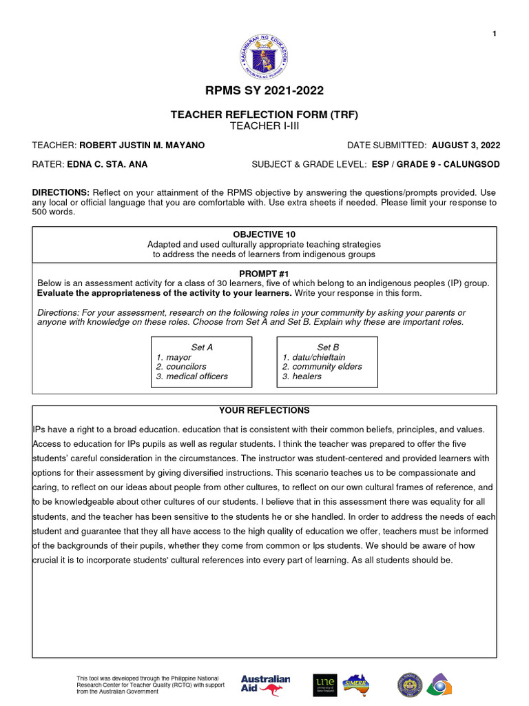 Appendix 4A Teacher Reflection Form For T I III For RPMS SY 2021 2022 ...