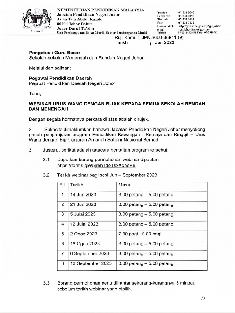 Webinar Urus Wang Dengan Bijak Kepada Semua Sekolah Rendah Dan Menengah | PDF