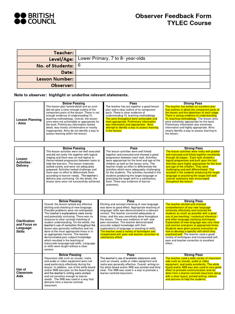 Strong Pass Lesson Feedback Sample | PDF | Teachers | Learning
