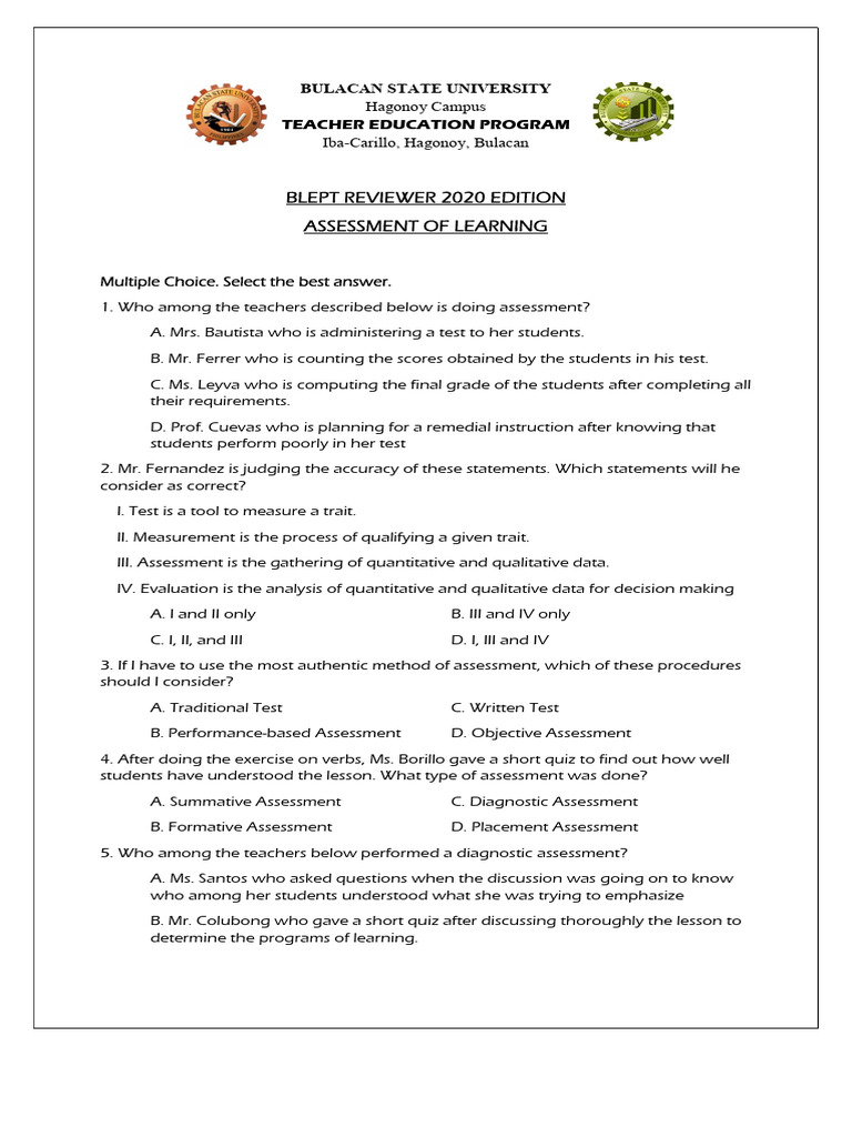 BLEPT Reviewer For Assessment of Learning | PDF | Educational ...