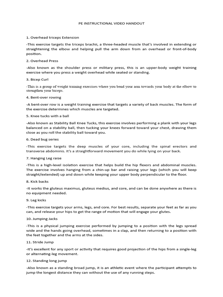 Pe Instructional Video Handout | PDF | Abdomen | Musculoskeletal System