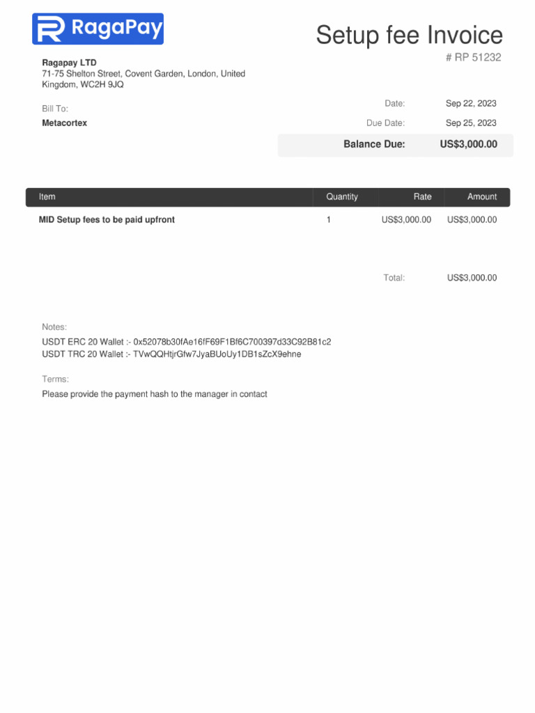 Ragapay Setup Fee Invoice # RP 51232 | PDF