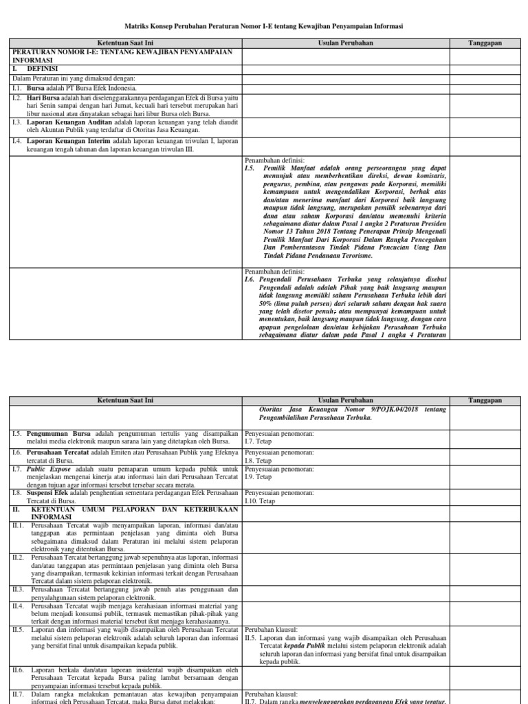 Matriks Tanggapan Konsep Perubahan Peraturan I e | PDF