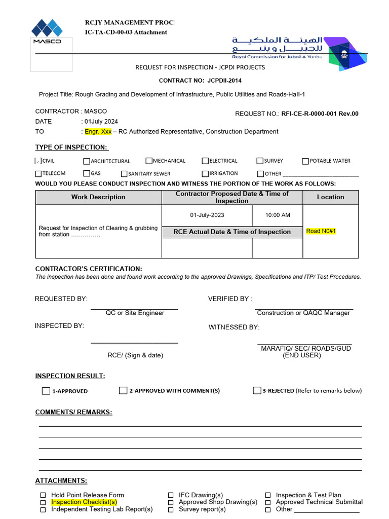 Request For Inspection - Jcpdi Projects: Rcjy Management Procedure IC ...