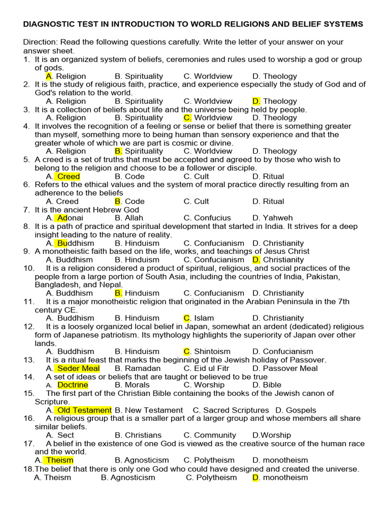 Diagnostic Test Introduction To World Religions and Belief Systems With ...