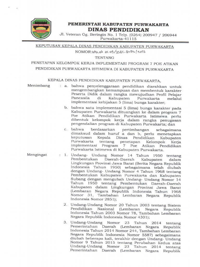 SK Pokja Implementasi Program 7 Poe Atikan | PDF