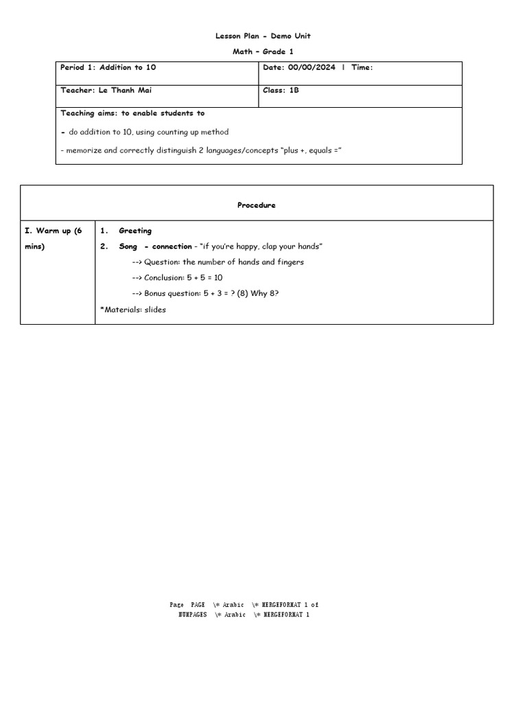 Grade 1 Math Lesson Plan: Addition to 10 | PDF | Cognition | Learning