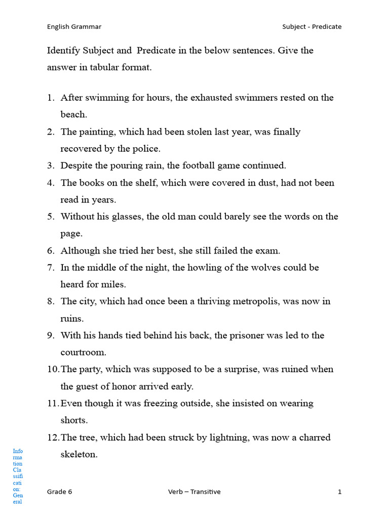 Grade 6 Subject and Predicate | PDF | Subject (Grammar) | Syntax