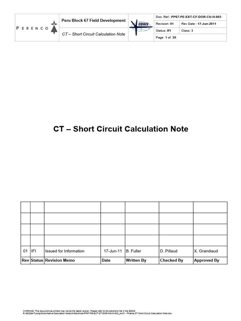 PP67-PE-EXT-CT-DOR-CN-N-003 - Rev01 - Pirania CT Short Circuit Calculation Note | PDF ...