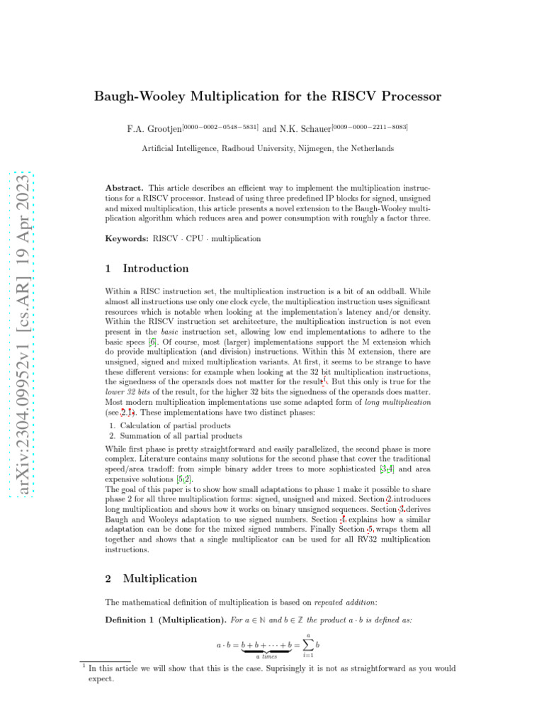 Baugh-Wooley Multiplication For The RISCV Processor | PDF | Multiplication | Central Processing Unit
