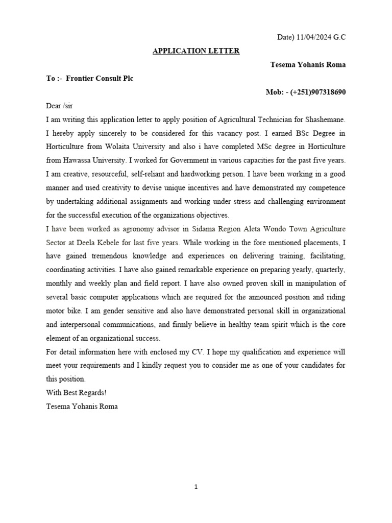 Application Letter Tesema Yohanis Roma To:-Frontier Consult PLC Mob ...