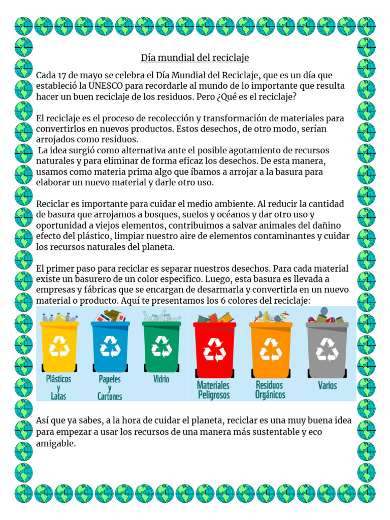 Día Mundial Del Reciclaje | PDF | Residuos | Reciclaje