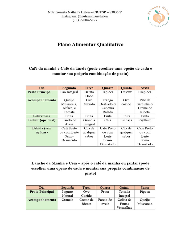 Plano Alimentar Semanal Nutricionista Nathany | PDF | Culinária ...