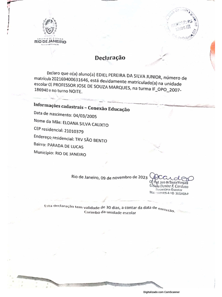 Declaração Escolar Ediel - Cópia | PDF