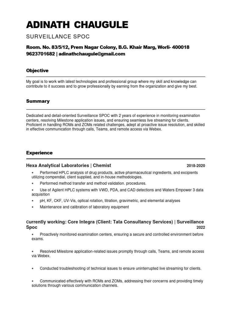 Surveillance SPOC Resume for Adinath Chaugule | PDF