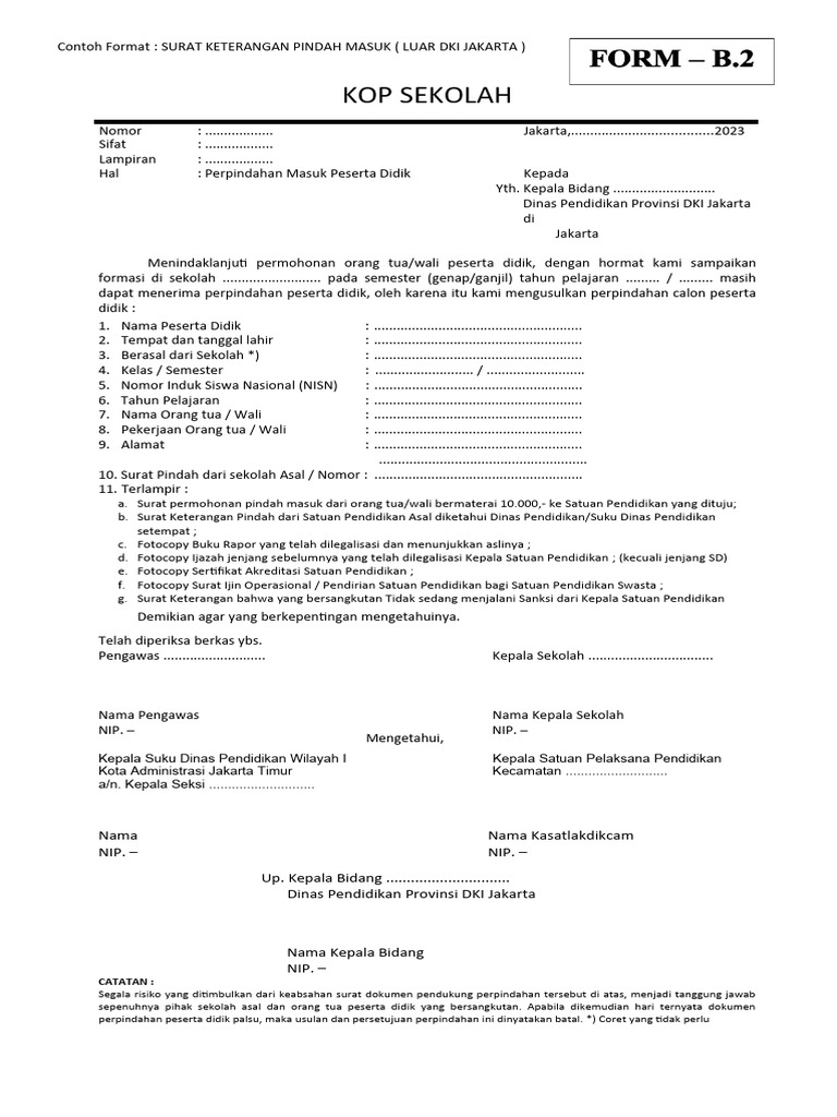 Form B. 2 (Mutasi Masuk) - (Luar Dki Jakarta) Sesuai Se Disdik Dki, Rev ...