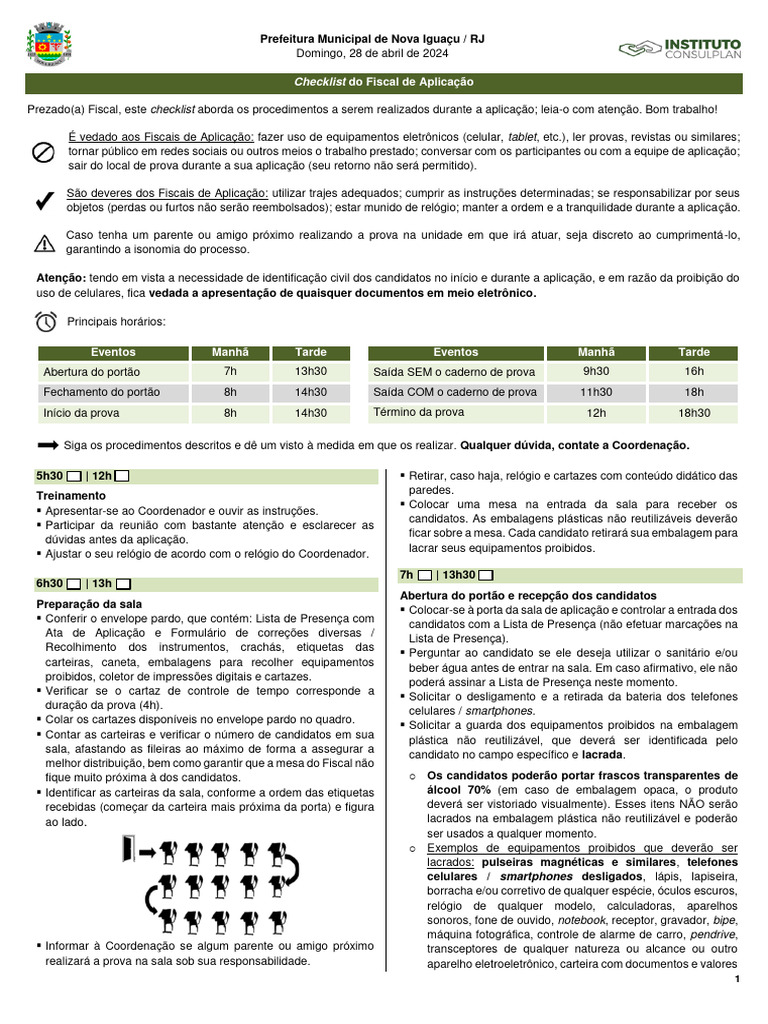 Checklist para Fiscais de Aplicação RJ | PDF | Tempo