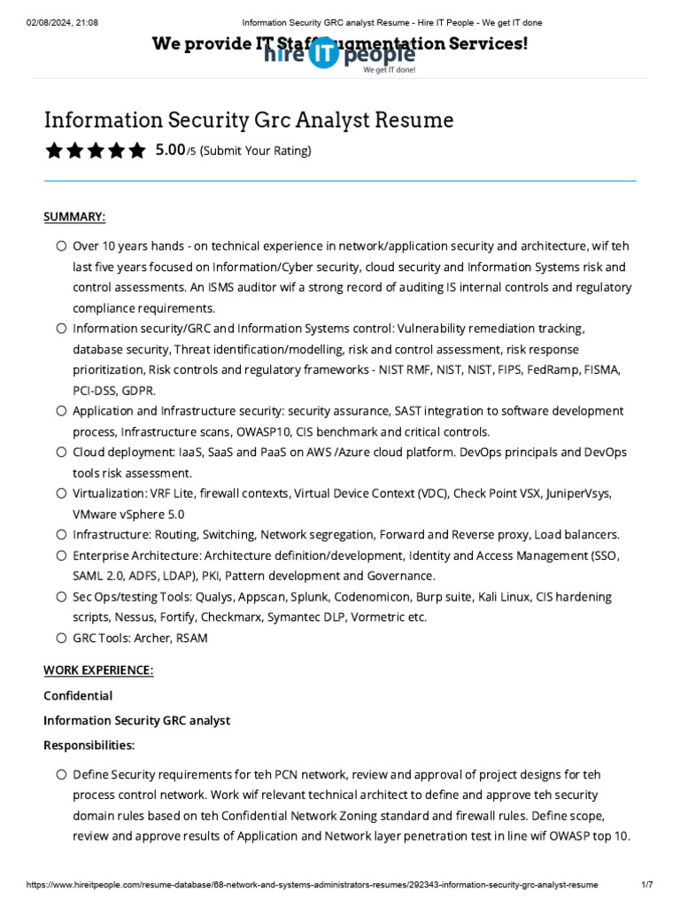 GRC Analyst Resume - Hire IT People - We Get IT Done | PDF | Security ...