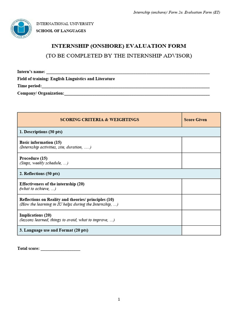 Form 2a. Internship (Onshore) Evaluation Form (Engish Teaching) | PDF | Learning | Cognition