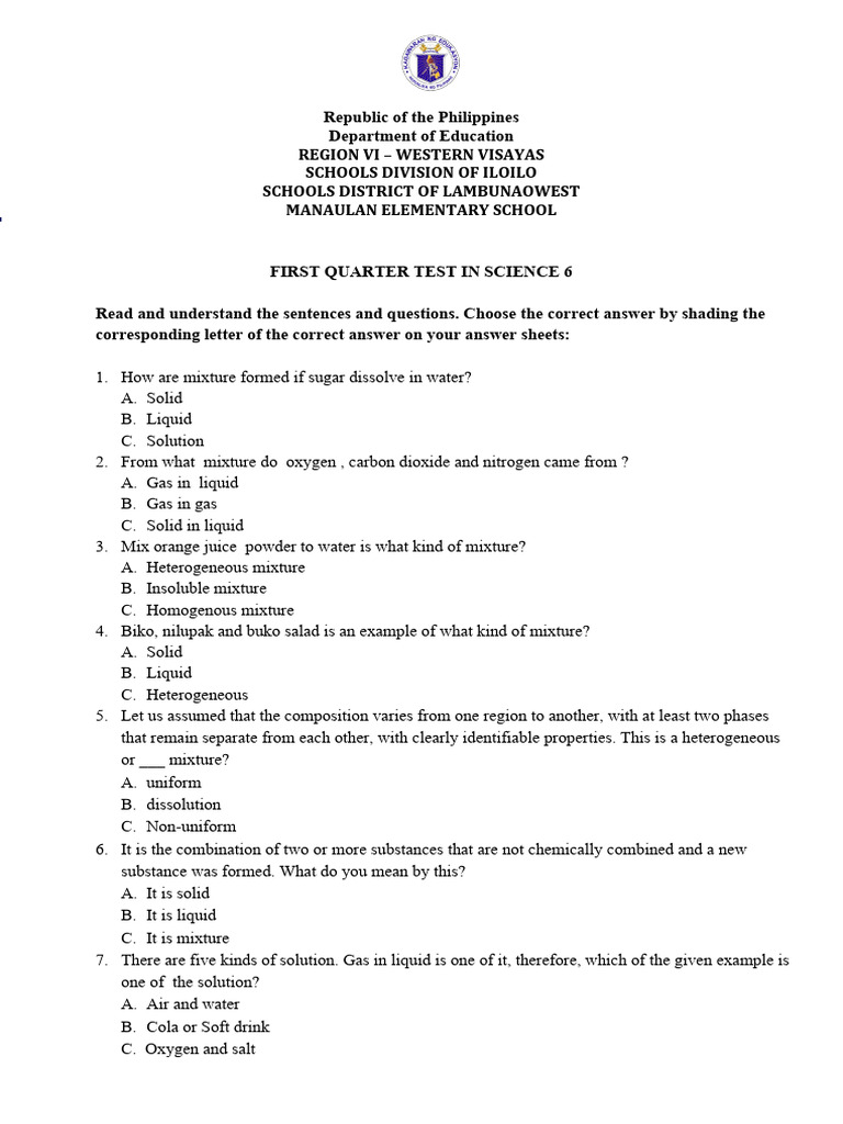 Science Grade 6 1ST PT | PDF | Mixture | Solubility