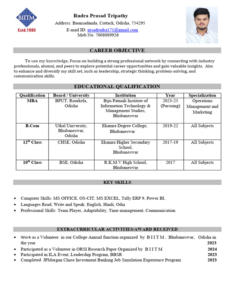 Biitm College Resume Formate | PDF | Learning | Cognition