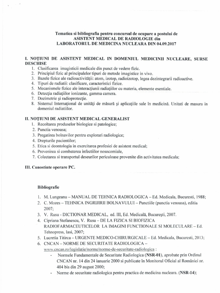 Bibliofrafie Si Tematica Asistent Medical Medicina Nucleara | PDF