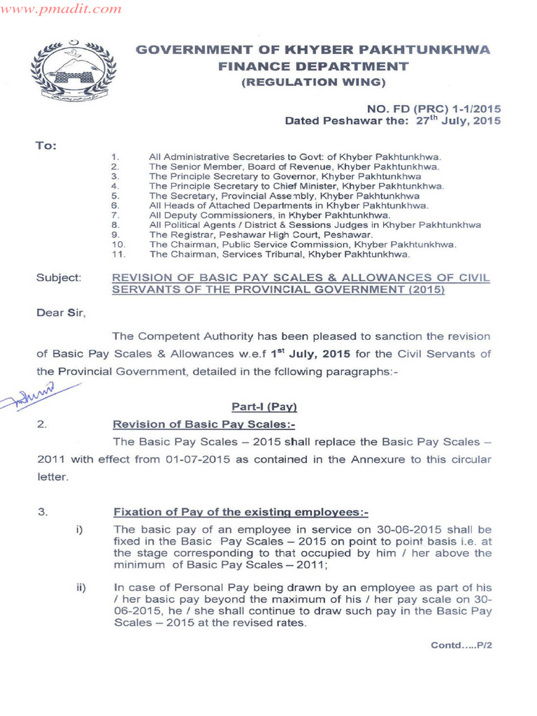 Notification of Revised Pay Scales 2015 KPK | PDF