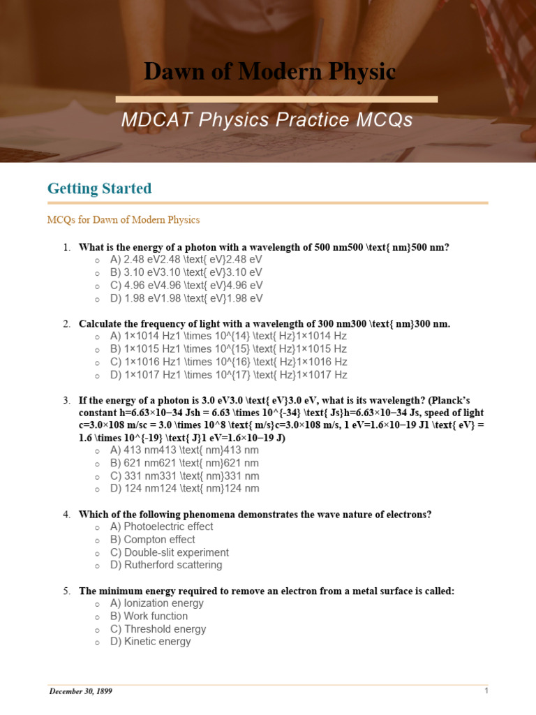 Dawn of Modern Physics MCQs | PDF | Electron | Electronvolt