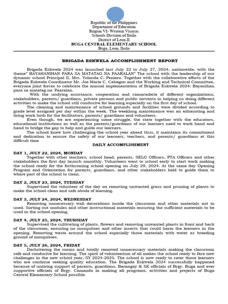 Brigada Eskwela Accomplishment Report 2024 | PDF | Behavior ...
