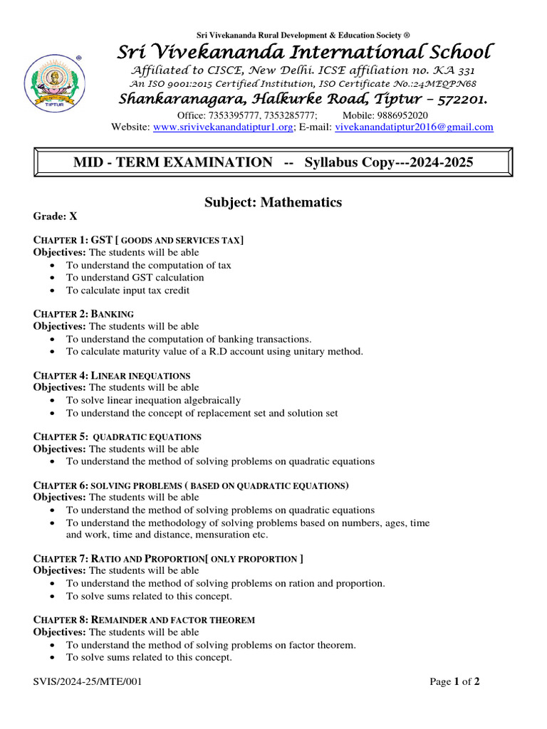 Maths Grade 10 Mid Term Examination Syllabus | PDF | Equations | Mathematics