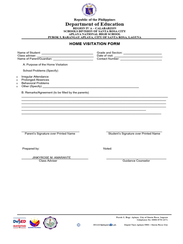 Home Visitation Form Parent Teacher Conference | PDF | Social Institutions