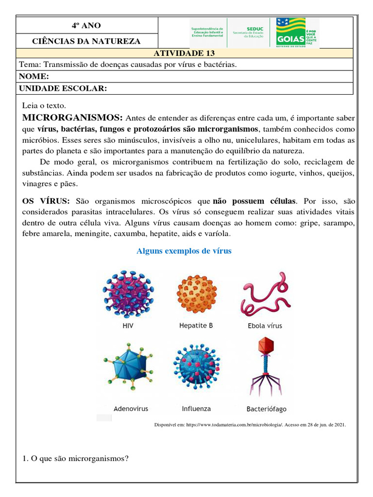 Atividade 13 4 o Ano Ciencia Da Natureza Tema Transmissao de Doencas Causadas Por Virus e ...