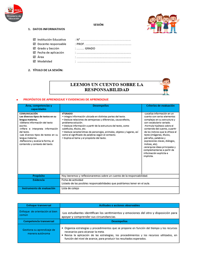 Plan Lector - Sesion - Leemos Un Cuento Sobre La Responsabilidad | PDF | Evaluación | Aprendizaje