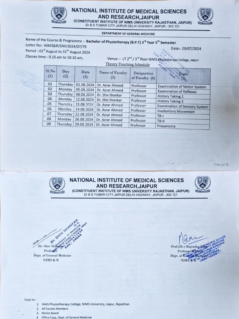 BPT 3rd Year 5th Sem Theory Teaching Sche. August 2024 | PDF