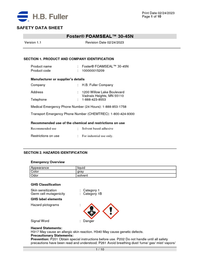 Foster SDS 30 45N R0223 | PDF | Toxicity | Water