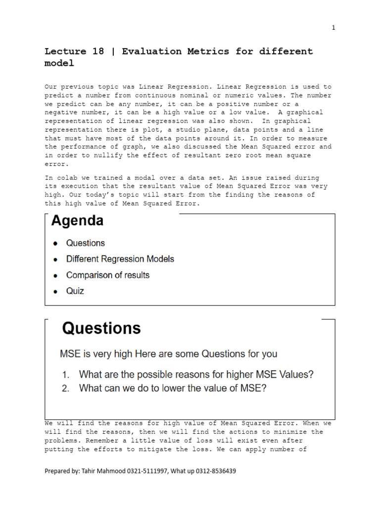 Lecture-18 - Evaluation Metrics For Different Model | PDF | Mean Squared Error | Errors And ...