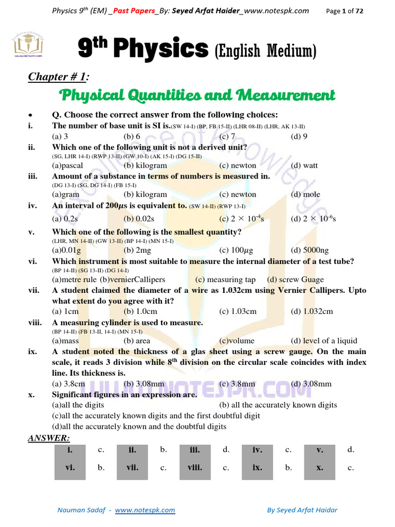 9th Physics EM Solved Board Papers MCQs SQs Numericals Etc. Nauman ...