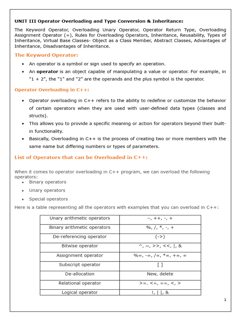 UNIT III Operator Overloading and Type Conversion | PDF | C++ ... UNIT III Operator Overloading and Type Conversion | PDF | C++ ...