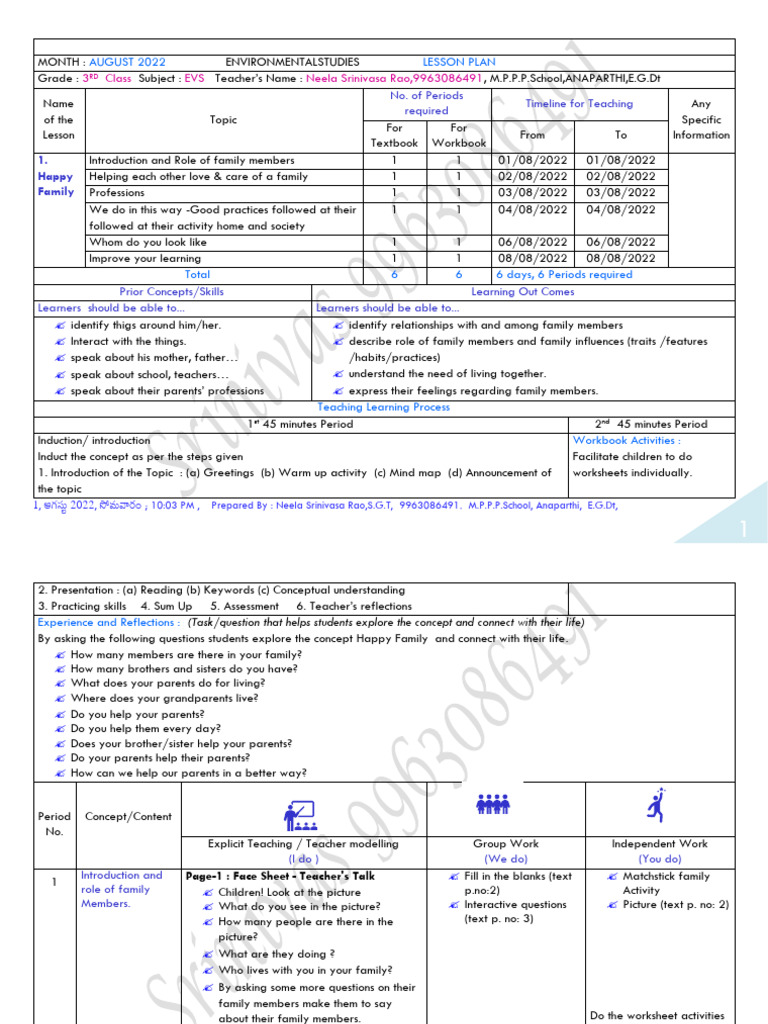 3RD Evs Happy Family Lesson Plan | PDF | Lesson Plan | Learning