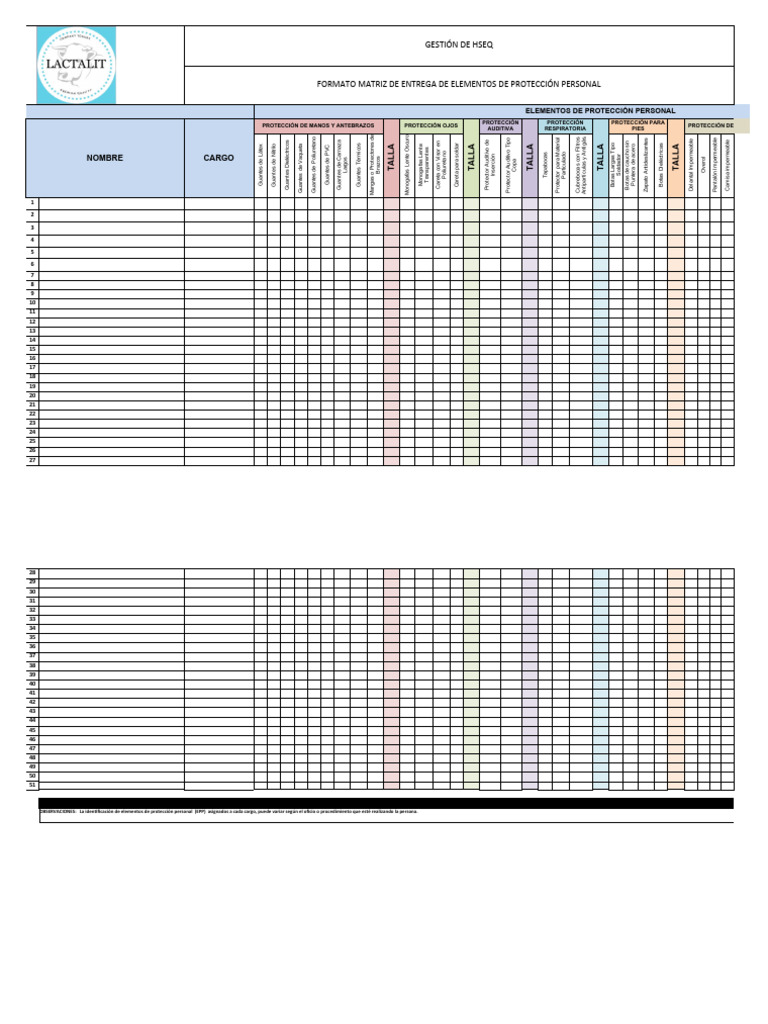 MZ-SIG-SST-000 Formato Matriz de Entrega Elementos de Protección Personal | PDF | Casco