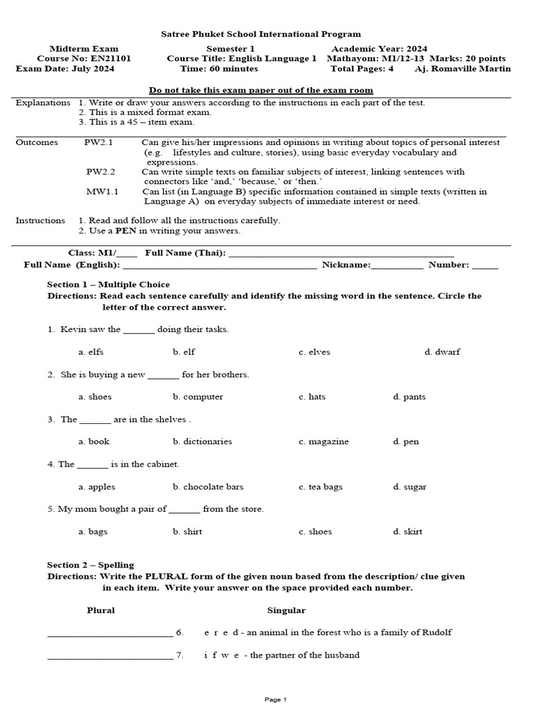 English Language 1 | PDF | Plural | English Language