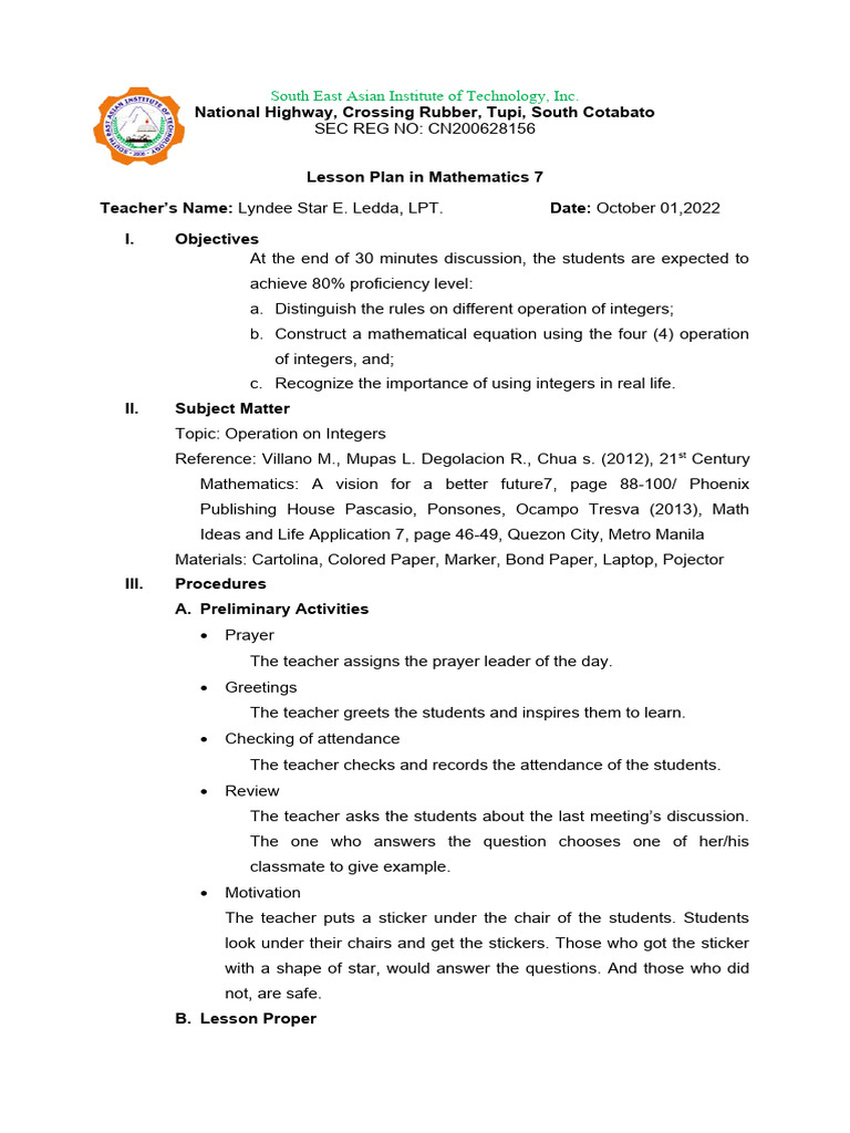 star-Lesson-Plan1-11 | PDF | Numbers | Multiplication
