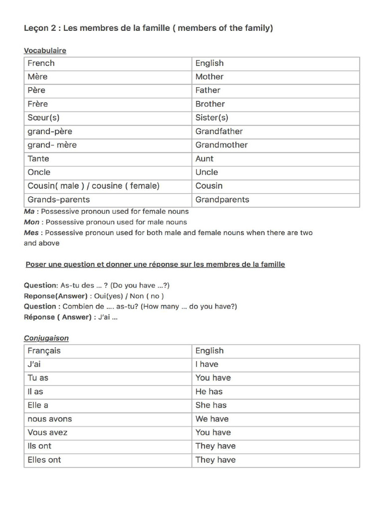 Leçon 2 Les Membres de La Famille (Members of The Family) .Jpeg | PDF